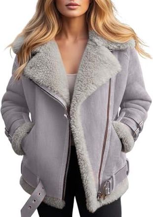 Generic Veste motard en daim et laine dagneau pour femme, Manteau en coton &agrave; revers en fourrure pour femme, v&ecirc;tements dext&eacute;rieur automne-hiver