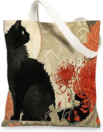 Generic Sacs fourre-tout artistiques en toile, motif floral de chat élégant, sacs de courses réutilisables, vintage, élégants, légers, lavables à lépaule, noi