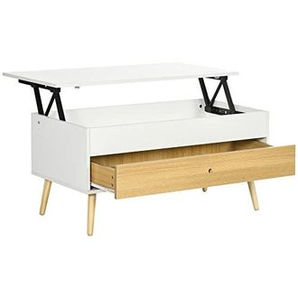 HOMCOM Table dappoint rectangulaire surélevée Table de Salon avec Plateau relevable 1 tiroir et Meuble à tiroirs en Bois Dim. 100L x 50l x 49H cm Blanc