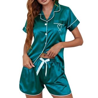 Generic Ensemble de pyjama cardigan à manches courtes en soie glacée imprimée de couleur unie pour femme, Vert, XL
