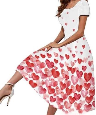 Ocean Plus Femme Robe Longue Imprimée à Manches Courtes avec Col Montant Court et Jupe évasée Imprimée (3XL, Coeur Rouge)