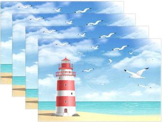 Linomo Platzdeckchen Satz von 6, Sommer Meer Leuchtturm Möwe Tischsets rutschfeste, hitzebeständige, waschbare Tischsets für den Esstisch Küche Dekor