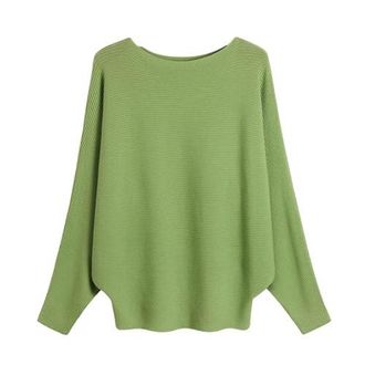 Generic Pull en tricot &agrave; manches chauve-souris et col bateau pour femme - Automne et hiver - Long pull chaud en tricot c&ocirc;tel&eacute;, Vert avocat, Taille unique