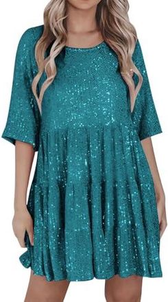 Generic Robe d&eacute;contract&eacute;e &agrave; manches courtes pour femme - Col en V - Taille haute - Robe fluide et mignonne &agrave; &eacute;paules d&eacute;nud&eacute;es, Vert, XXL