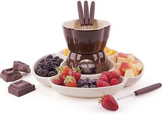 Excelsa Chocolate Service &agrave; Fondue au Chocolat avec Assiettes, 8 pi&egrave;ces, c&eacute;ramique, cr&egrave;me/Marron, Manche Marron, 25 x 25 x 12 cm