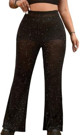SOLY HUX Y2K Pantalon en maille transparente pour femme, &agrave; paillettes, pour f&ecirc;te, festival, danse, tenue techno, Noir, XXL
