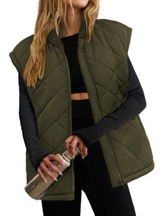 Zeagoo Steppweste Damen Kurz &Auml;rmellos Weste Herbst Warme Gilet Elegant Winterjacke Stehkragen Fl&uuml;gel&auml;rmeln Herbstmantel Gr&uuml;n L
