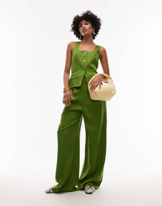 Topshop Grandes occasions - Pantalon habillé ample de qualité supérieure à pli - Vert