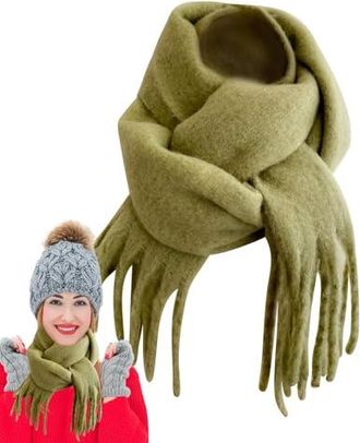 Generic Écharpe à franges, écharpe à pompons, écharpe pour femme, écharpe dhiver épaisse et chaude avec pompons châle pour femmes et hommes, olive, Consulte l