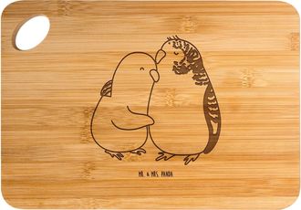 Mr. & Mrs. Panda Bambus - Schneidebrett Wellensittich Liebe - Geschenk, Holzbrett, Holz Bretter, Heiratsantrag, glücklich, Vögel, Hackbrett, Nähe