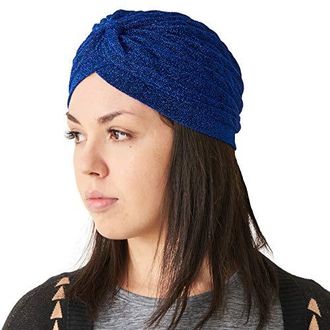 Charm by Casualbox Turban Cheveux Twist À Paillettes, Bonnet Femme Foulard Argenté Mode Boho, Chapeau Chic Style Bandana Arabe Indien pour Festival Bleu