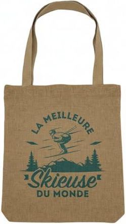Fabulous Sac Shopping Tote Bag Aspect Lin - La Meilleure Skieuse du Monde Montagne Sport Hiver Vacances - Sac de Courses Toile Epaisse 360g Beige Naturel Cabas