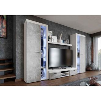 Furnix Furnix - Mediawand Alvor xl Wohnwand TV-Schrank Vitrine 4-tlg. 300 cm breit Wei&szlig;/Beton