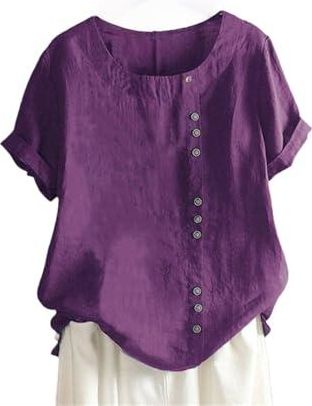 Generic Chemise d&eacute;contract&eacute;e en lin &agrave; manches courtes et col rond pour femme - Pull d&eacute;t&eacute; r&eacute;tro &agrave; manches roul&eacute;es - Haut &agrave; col rond, Violet., 5XL