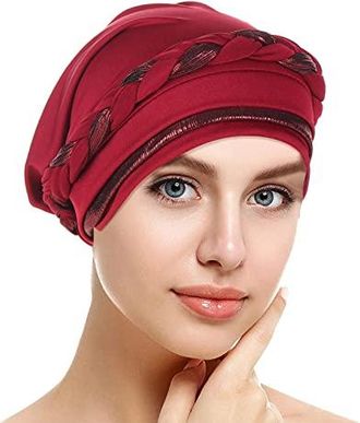 Generic Turban africain pour femme musulmane bonnet doux textur&eacute; foulards &agrave; paillettes turbans pour femmes mode pr&eacute;-nou&eacute; bonnet bonnet foulard de sommeil, rou