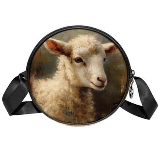 Generic Sac &agrave; bandouli&egrave;re rond pour femme, petit sac &agrave; bandouli&egrave;re vintage en forme de mouton avec fermeture &eacute;clair, bretelles r&eacute;glables, sac &agrave; main rond d&eacute;co