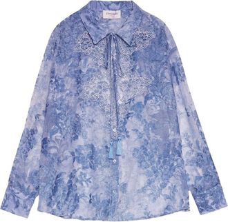 Ermanno Scervino Femme, Blouses et Chemises, Bleu, Taille: 38 FR Camicia in raso devor&eacute; pizzo