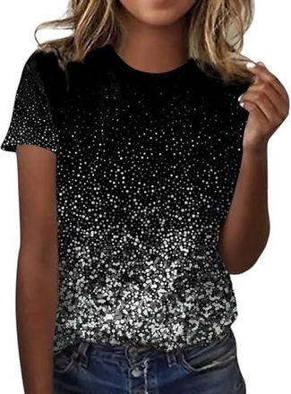 Generic T-shirt ample à col rond et imprimé à paillettes pour femme, gris, XXL