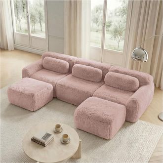 Generic Modernes 2-Sitzer-Sofa, modulares Sofa, rutschfeste Basis, mit 2 Kissen, extra breite ergonomische Armlehnen,for Lesen und Arbeiten(Rosa+Peluche+3 Pla