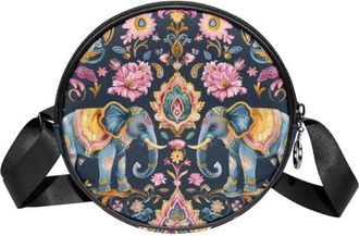 Generic Sac &agrave; bandouli&egrave;re rond rond pour femme, motif &eacute;l&eacute;phant indien, avec fermeture &eacute;clair, bretelles r&eacute;glables, style d&eacute;contract&eacute;