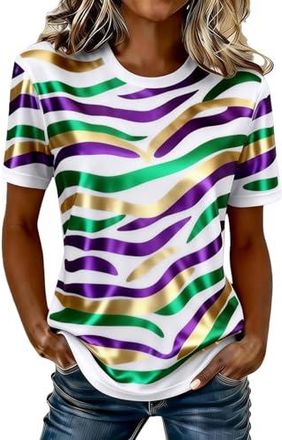 Generic T-shirt d&eacute;contract&eacute; &agrave; manches courtes et col rond pour femme - Imprim&eacute; abstrait &agrave; rayures color&eacute;es - T-shirt d&eacute;t&eacute; doux et extensible pour le travail, 