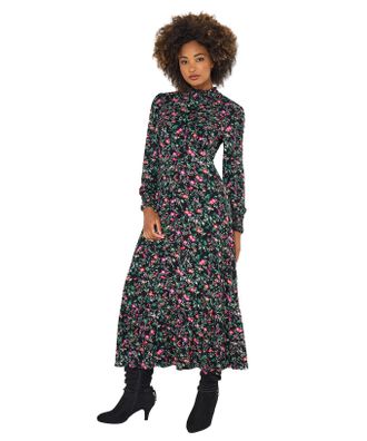 Joe Browns Damen High-Neck Vintage Frill Winter Floral Jersey Midi Dress Kleid, Schwarz, 42