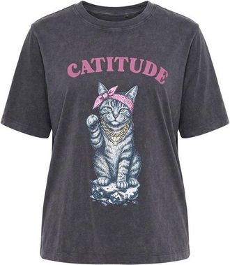 Ulla Popken Oversize-Shirt T-Shirt Cattitude-Motiv Boxy Rundhals Halbarm