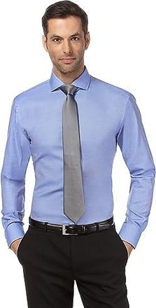 Vincenzo Boretti Chemise Homme, Coupe cintrée Slim-fit, Tissu Infroissable et agréable à Porter, 100% Coton, Manches-Longues, col Italien, Unie Bleu 37-38