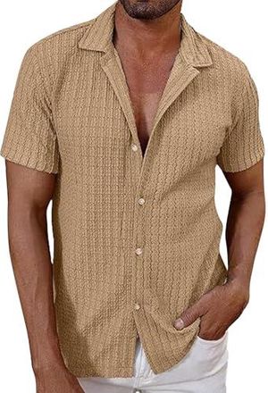 Generic Chemise en tricot &agrave; manches courtes boutonn&eacute;e vintage pour homme, chemise d&eacute;contract&eacute;e pour la plage, les vacances, la plage, les vacances, la plage, 