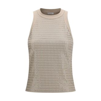 Brunello Cucinelli Luminous Embroidered Cotton Tank Top - Beige