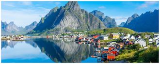 Wallario Glasbild Skandinavisches Bergpanorama - 50 x 125 cm Wandbilder Glas in Premium-Qualit&auml;t: Brillante Farben, freischwebende Optik