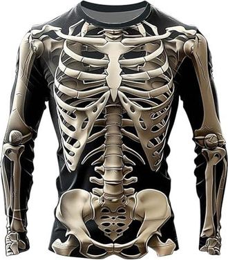 Generic T-Shirt Homme Costume Halloween Horreur T-Shirt &agrave; Manches Longues Imprim&eacute; en 3D Squelette Photo-R&eacute;Aliste Vintage Slim Fiit Gym Sport Sweat Faucheuse H