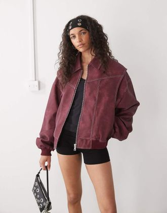 Lioness Exclusivité - Lioness - Vista - Bomber en imitation cuir à coutures contrastantes - Bordeaux-Rouge