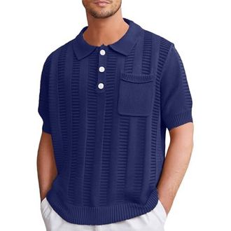 Generic Polo pour homme - Chemise d&eacute;contract&eacute;e &agrave; manches courtes - Col en V - Creux - Respirant - Chemise d&eacute;t&eacute; pour homme, bleu, 3XL