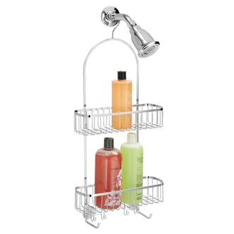 mDesign Duschablage zum H&auml;ngen - praktisches Duschregal aus poliertem Edelstahl - ohne Bohren zu montieren - Extragro&szlig;e Duschk&ouml;rbe mit integrierten Haken