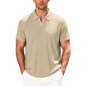 Generic Polo tricot&eacute; c&ocirc;tel&eacute; pour homme avec col en V et manches courtes - Col &agrave; revers - Coupe d&eacute;contract&eacute;e - Confortable - V&ecirc;tements de sport pour homme - Ca