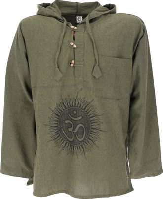 Guru Shop Yoga Hemd, Goa Hemd Om, Sweatshirt - Olive/schwarz, Herren, Baumwolle, Size:XL