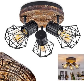 HOFSTEIN Deckenleuchte Bardhaman, Deckenlampe aus Metall in Schwarz/Holzoptik, Spot im Retro/Vintage Design m. verstellbaren Schirmen in Gitter-Optik m. Lichte