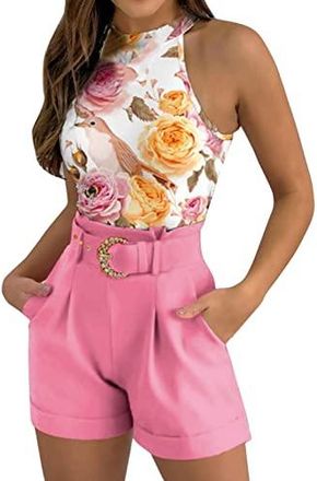 Generic Ensemble Femme Short Et Haut Chic,Imprim&eacute; Floral Sportwear 2 Pi&egrave;Ces Tenue D&eacute;T&eacute; Chic &eacute;L&eacute;Gant Slim Ensemble Short sans Manches D&eacute;Bardeur Et Short AVCE C