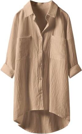 Generic Chemisier en lin pour femme - Manches longues - &Eacute;l&eacute;gante chemise en lin avec boutons - Chemisier confortable pour femme - Revers - Chemisier d&eacute;t&eacute; l&eacute;ge