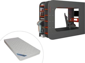 Vente-Unique Lit mezzanine gamer 90 x 200 cm - Avec bureau et rangements - Avec LEDs - Anthracite et rouge + matelas - WARRIOR