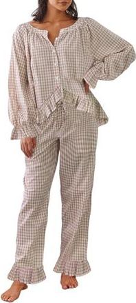 Generic Y2K Ensemble de pyjama vichy pour femme 2 pi&egrave;ces en gaze de coton avec manches bouffantes et pantalon &agrave; volants, kaki, M