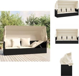 vidaXL Lit de salon dextérieur toit et coussins Noir Résine tressée - Lit De Salon Extérieur - Chaise Longue - Meubles De Jardin - Parasol Intégré - Résine
