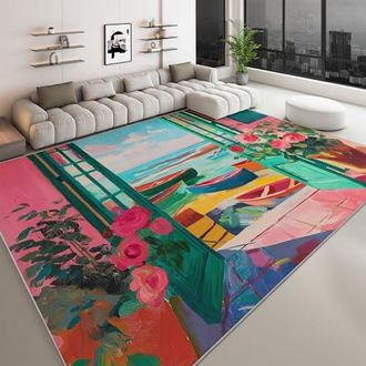 Generic Tapis Rose Et Vert Lavable pour Salon, Tapis &agrave; Poils Courts Antid&eacute;rapant Anime Bord De Mer Fleurs Bateau pour Enfants Bureau Salle &agrave; Manger Cuisine et