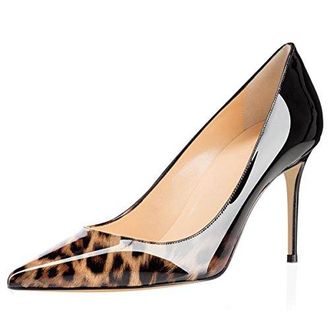 elashe Escarpins Femme Bout Pointu Talon Aiguille, 8 cm Slip on Vernis Pumps, Classiques Soirée Bureau Talon Haut Léopard NoirEU40