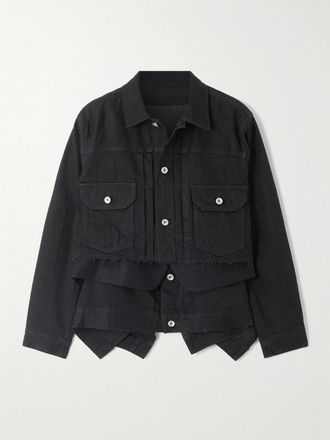 sacai Mehrlagige Jeansjacke Mit Besätzen Aus Wollfilz Und Fransen - Schwarz