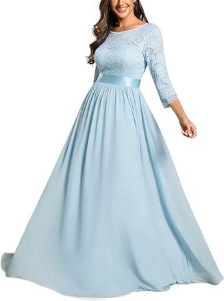 Ever-pretty Robe de Demoiselle dhonneur Longue Dentelle Mousseline Manches 3/4 Taille Empire Col Rond Bleu Ciel 52