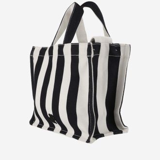 Patou Womens Small Cotton Canvas Tote Bag White, Black Shoulder