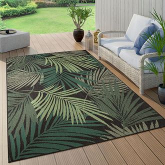 Paco Home Paco Home Outdoor Teppich Wetterfest Balkon Palmen Dschungel Florales Boho Muster Grün Schwarz, 200 cm Rund