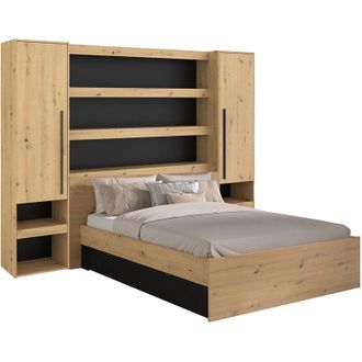 Vente-Unique Vente-Unique - Lit pont 140 x 190/200 cm avec rangements - 2 tiroirs, 4 niches, tablette, &eacute;tag&egrave;re - Avec LEDs multicolores - &Eacute;co-responsable